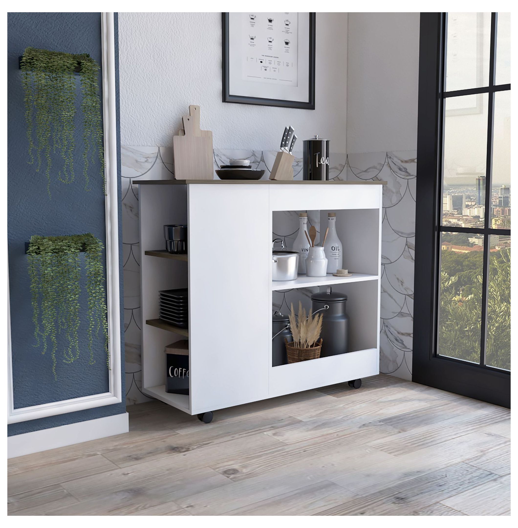 Kitchen Cart Kamizaze, Two Storage Shelves, Four Casters, Three Side ...