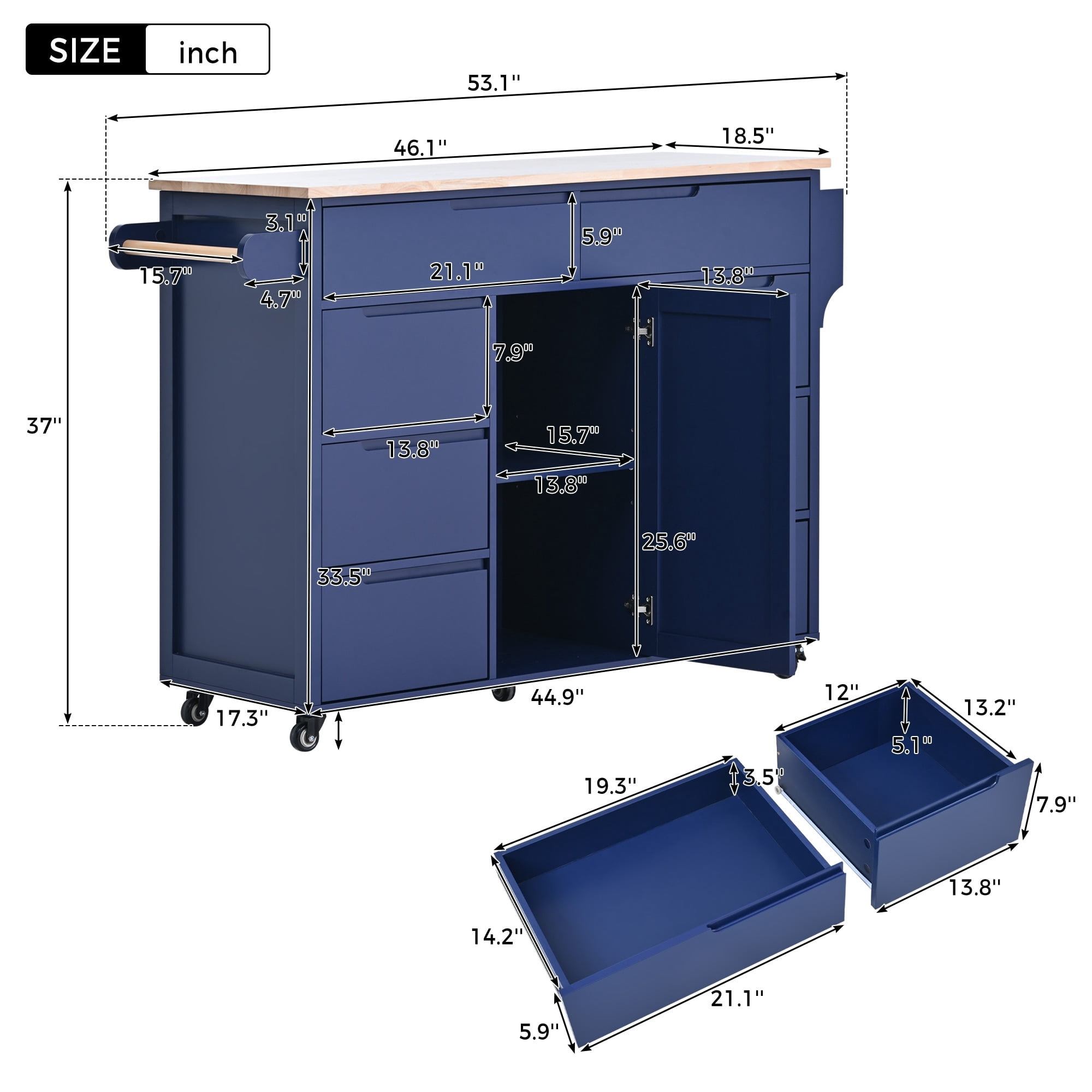Mobile Kitchen Island Cart with Rubber Wood Countertop,8 Handle-Free ...