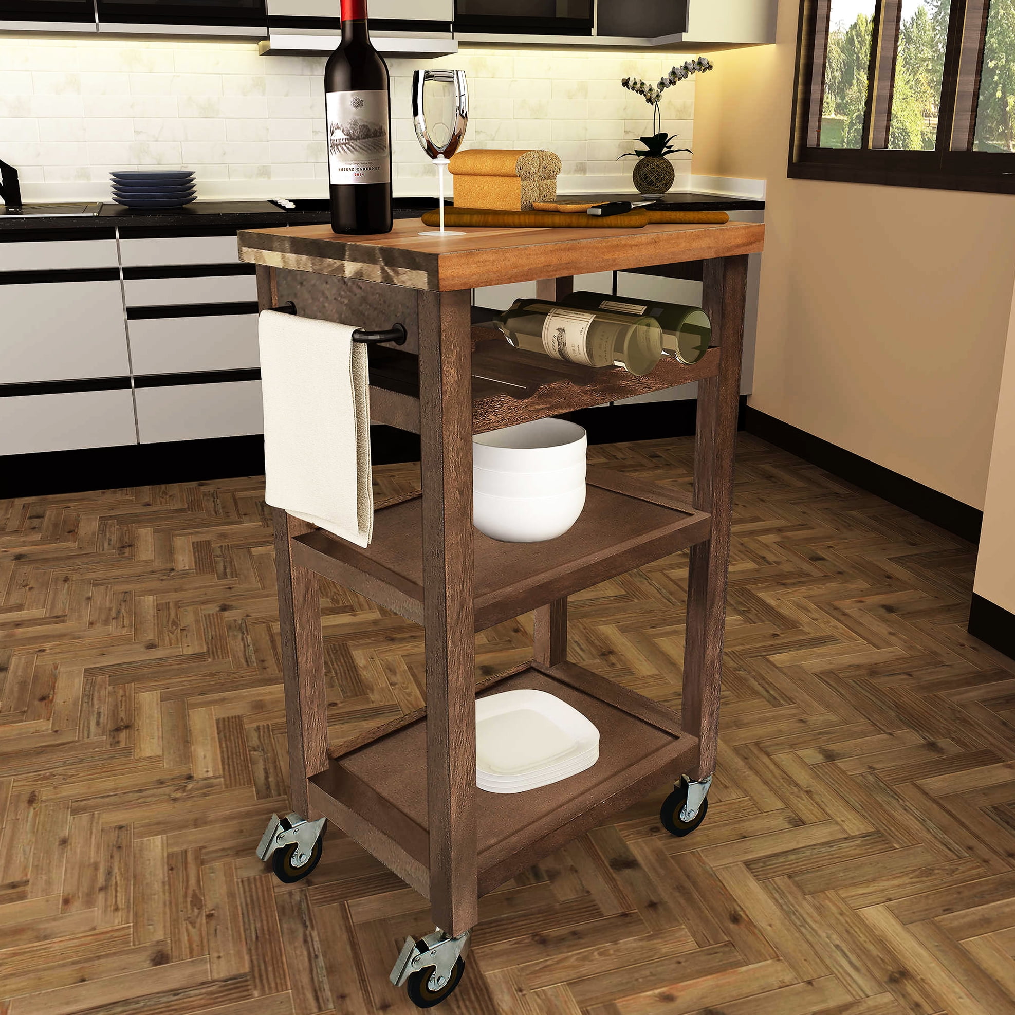 Kitchen Cart Made Of Solid Wood - Gray, Butcher Block Top, 2 Locking ...