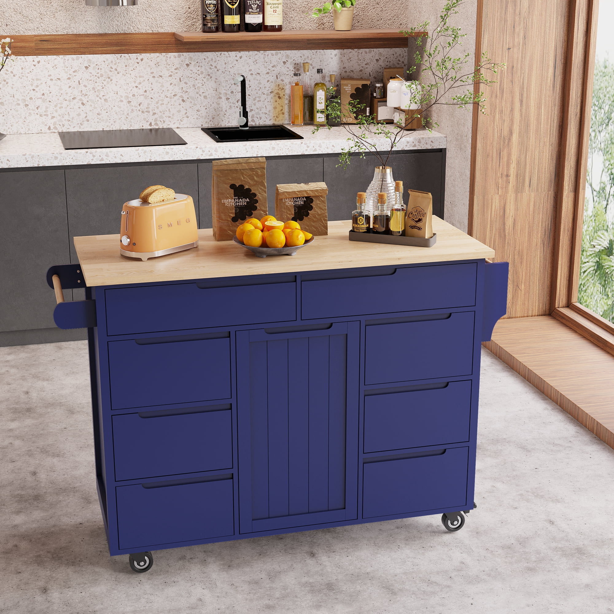 Kitchen Cart with Rubber Wood Countertop , Kitchen Island has 8 Handle ...