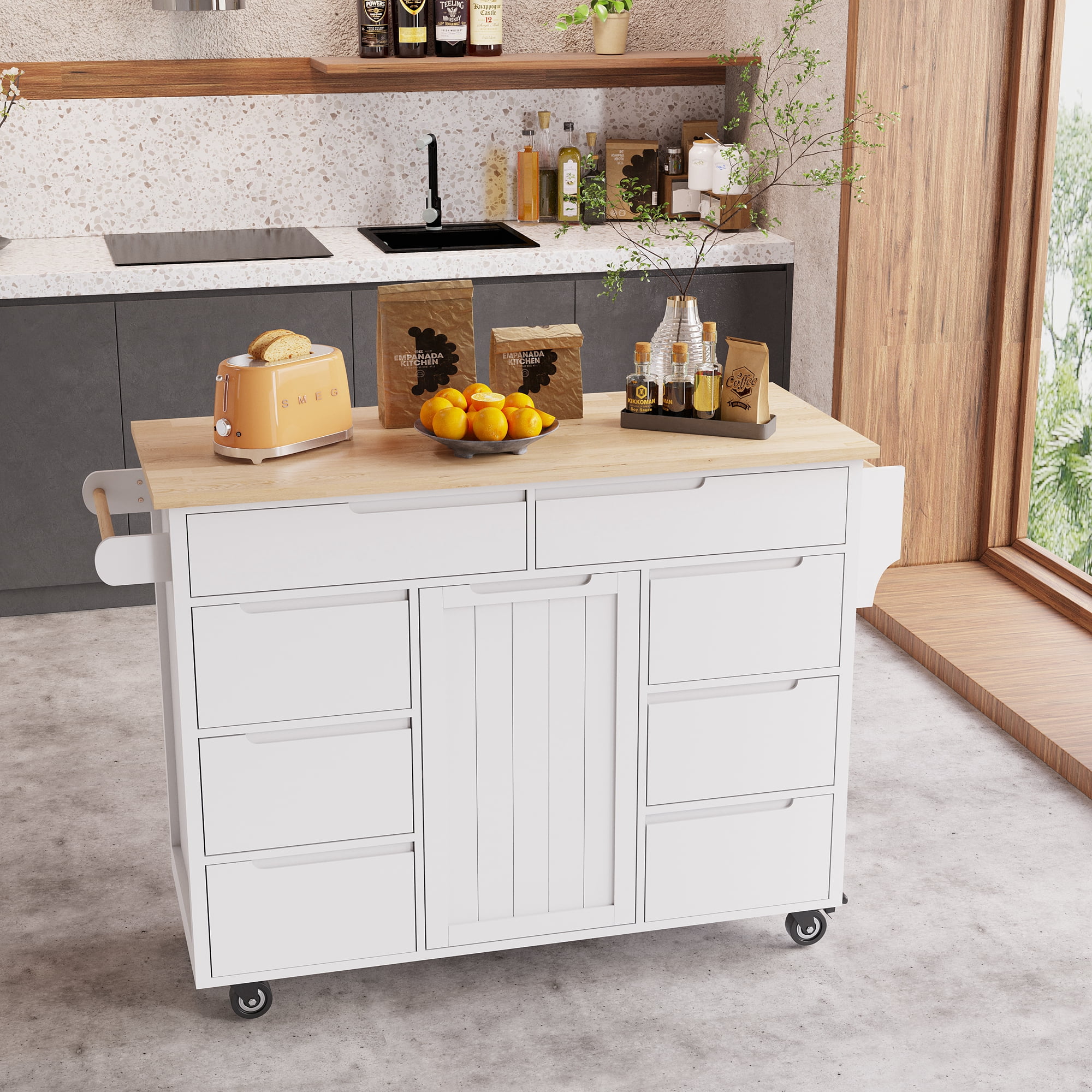 Kitchen Cart with Rubber Wood Countertop , Kitchen Island has 8 Handle ...