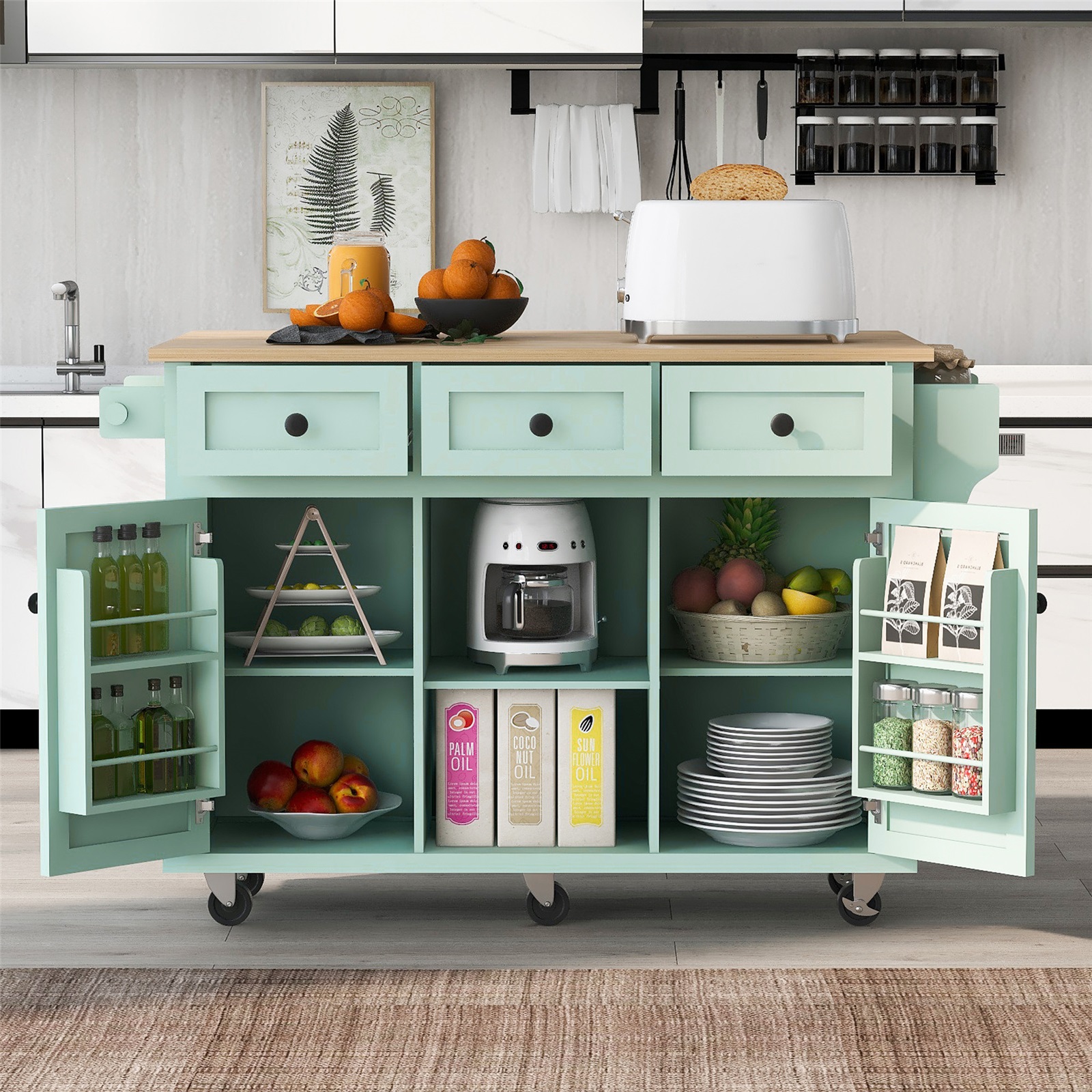Kitchen Cart With Rubber Wood Drop-Leaf Countertop ,Cabinet Door ...