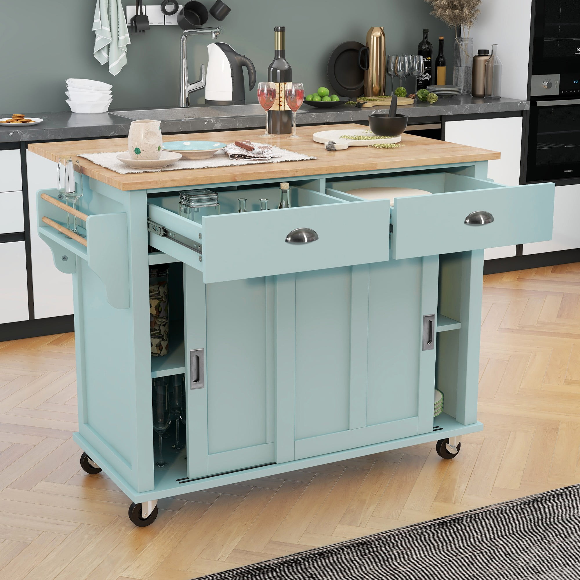Kitchen Cart with Rubber Wood Drop-Leaf Countertop, Sliding Barn Door ...