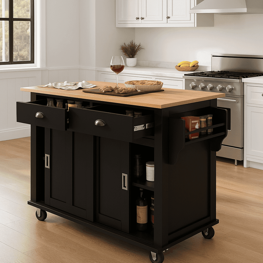 Kitchen Cart with Rubber wood Drop-Leaf Countertop, Concealed sliding ...