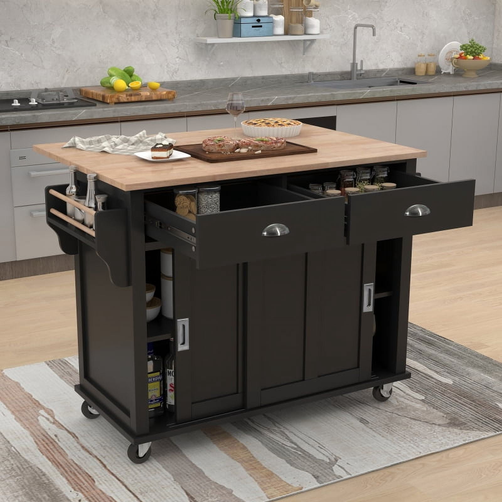 Kitchen Cart with Rubber wood Drop-Leaf Countertop, Concealed sliding ...