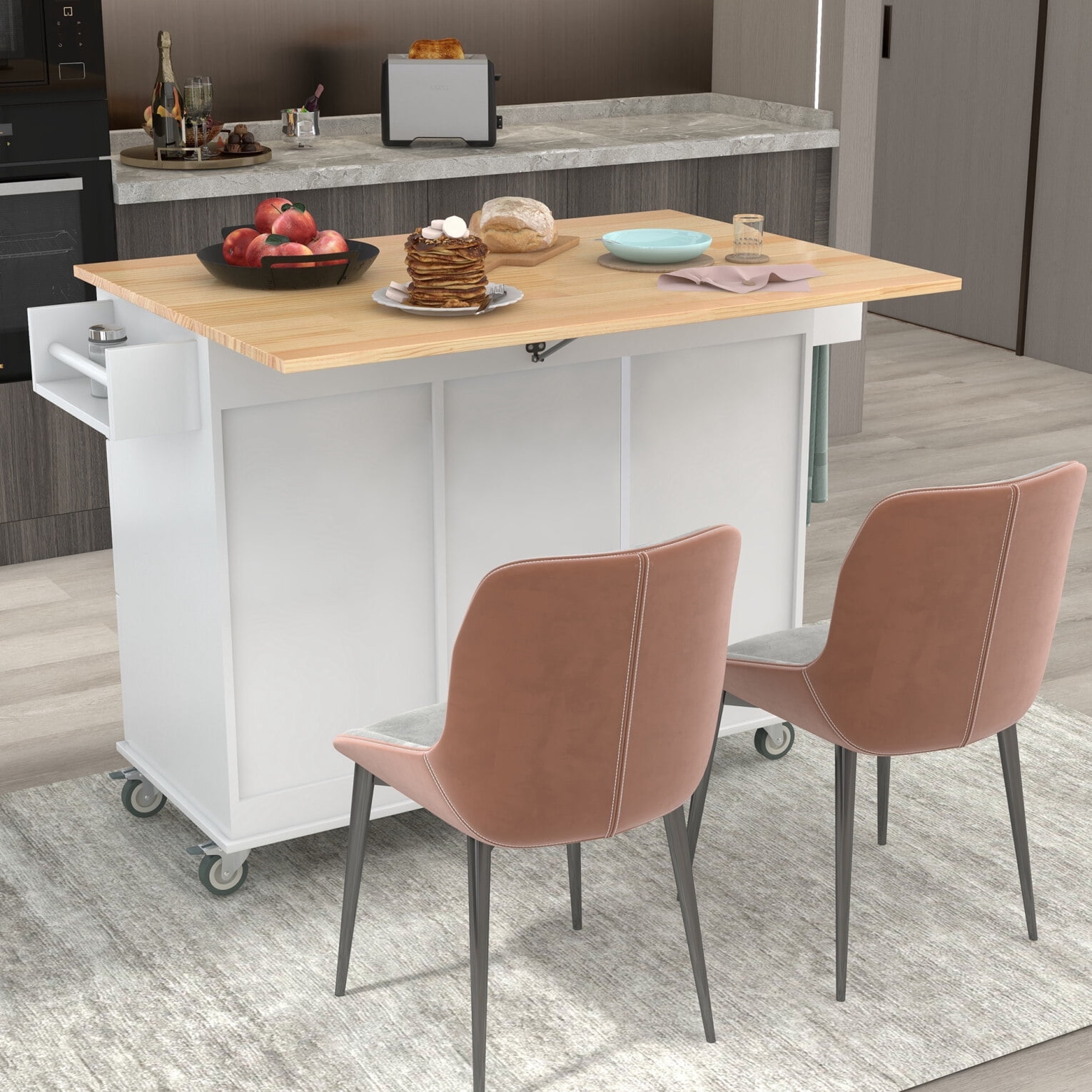 Kitchen Cart with Solid Wood Top and Drop Leaf Breakfast Bar, Rolling ...