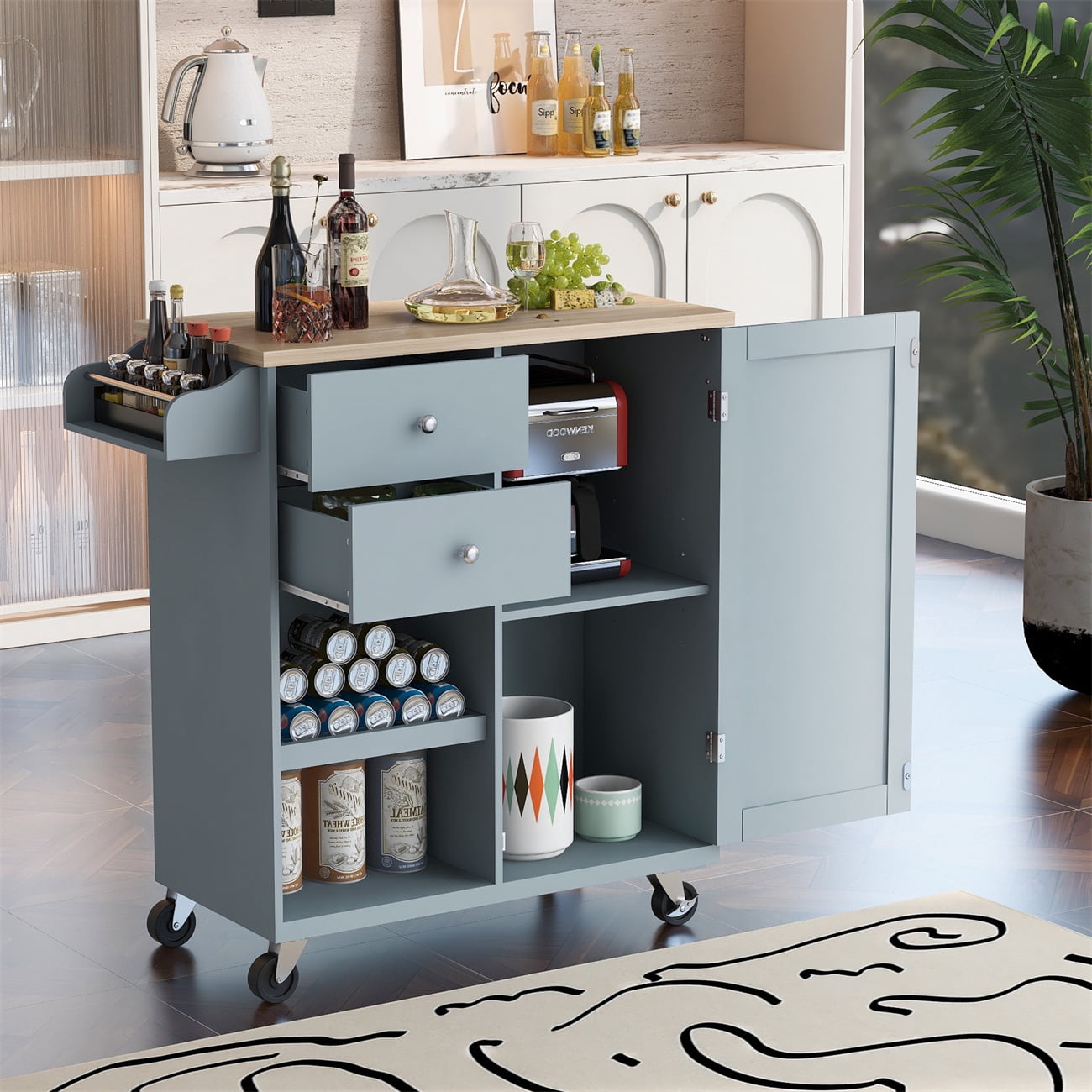 Kitchen Cart with Spice Rack, Towel Rack & Two Drawers, Kitchen Island ...