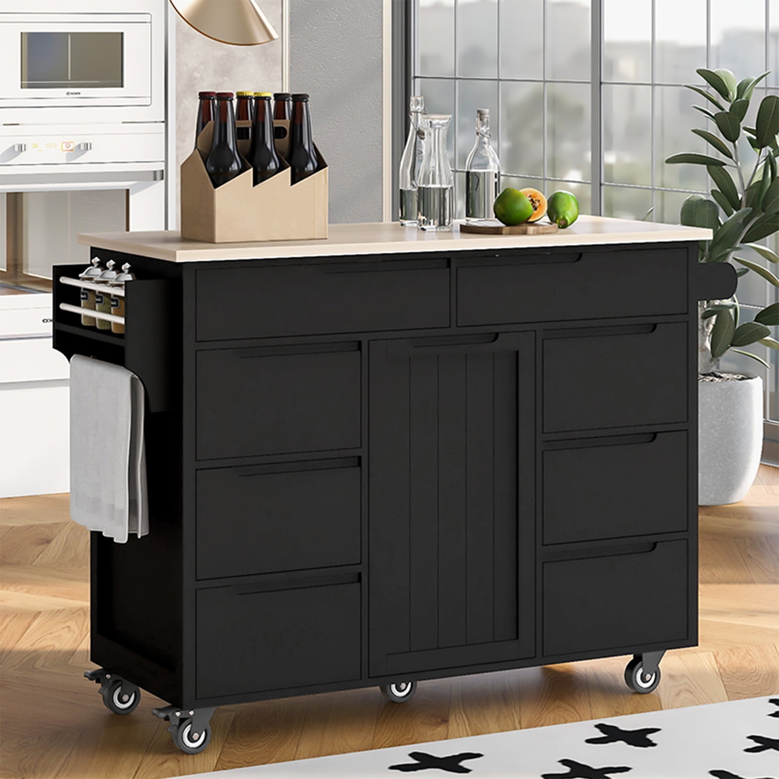 Kitchen Cart With Rubber Wood Countertop, Large Storage Space Flatware ...