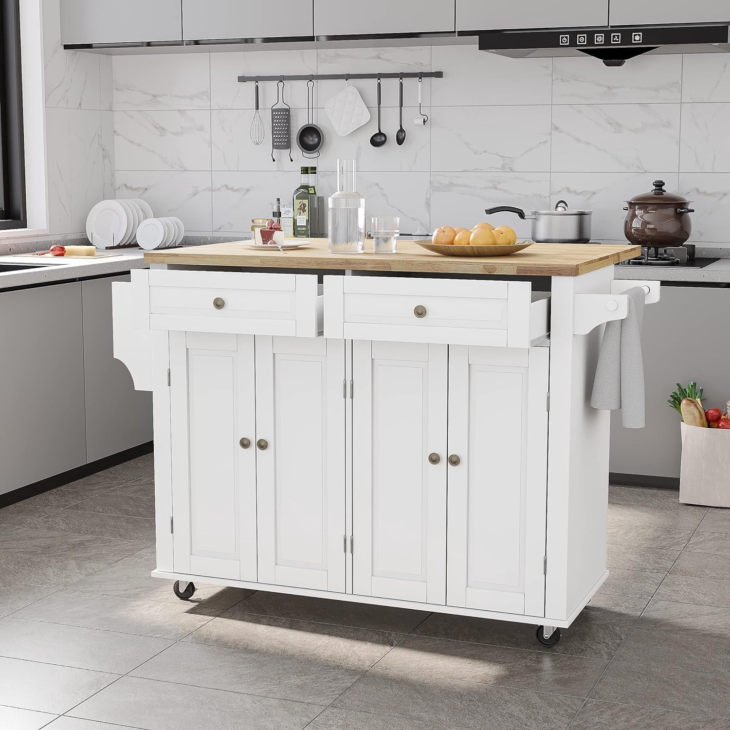 Kitchen Cart with Wood Top and Drop Leaf Breakfast Bar, Rolling Mobile ...
