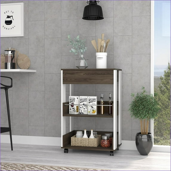 Kitchen Cart with 1 Drawer 2 Shelves, White & Dark Walnut | Brown ...