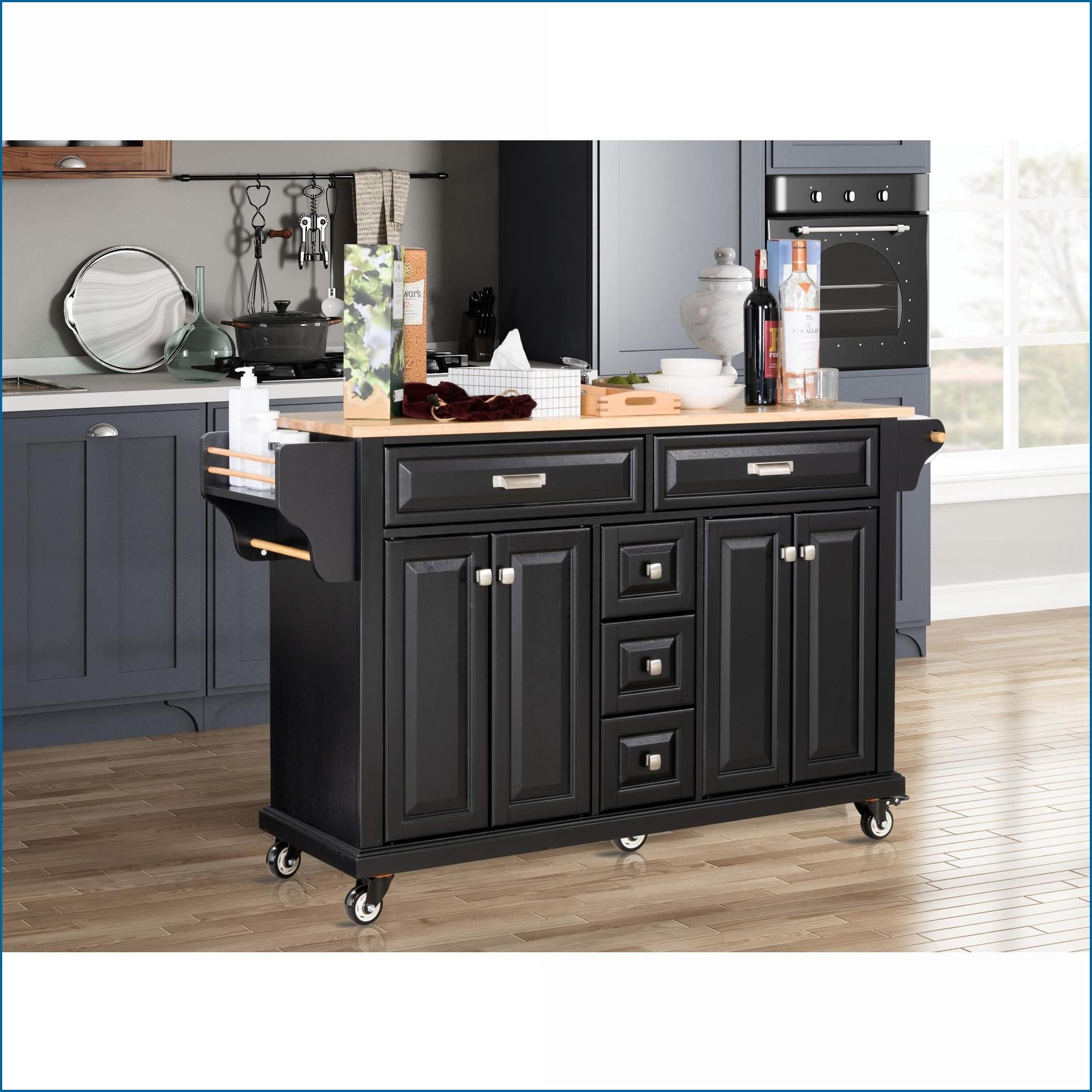 Kitchen Cart with Rubber Wood Countertop, 5 Drawers & Wheels | Black ...