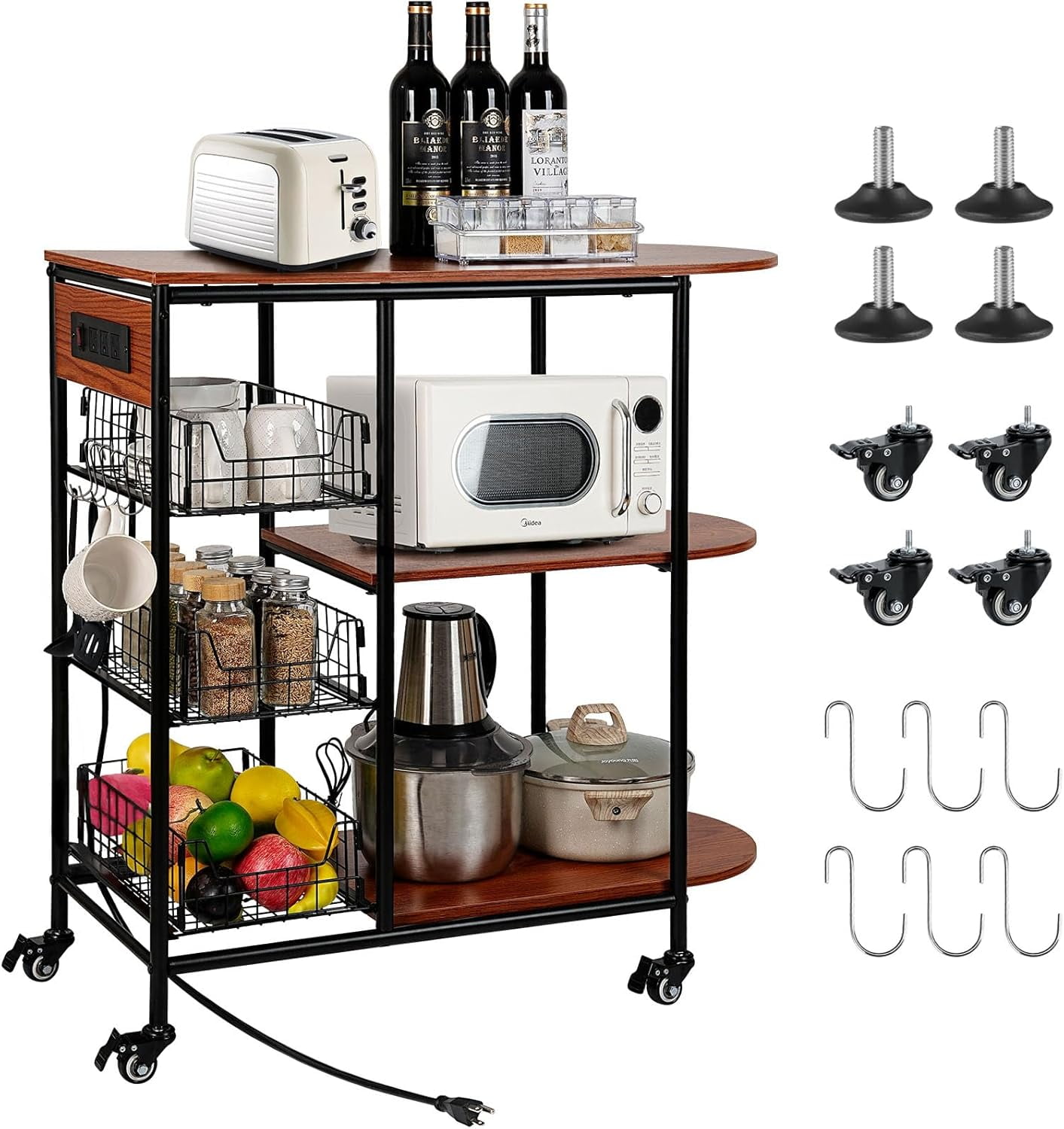 Kitchen Carts on Wheels with Storage, Bakers Rack with 3 Pull-Out ...