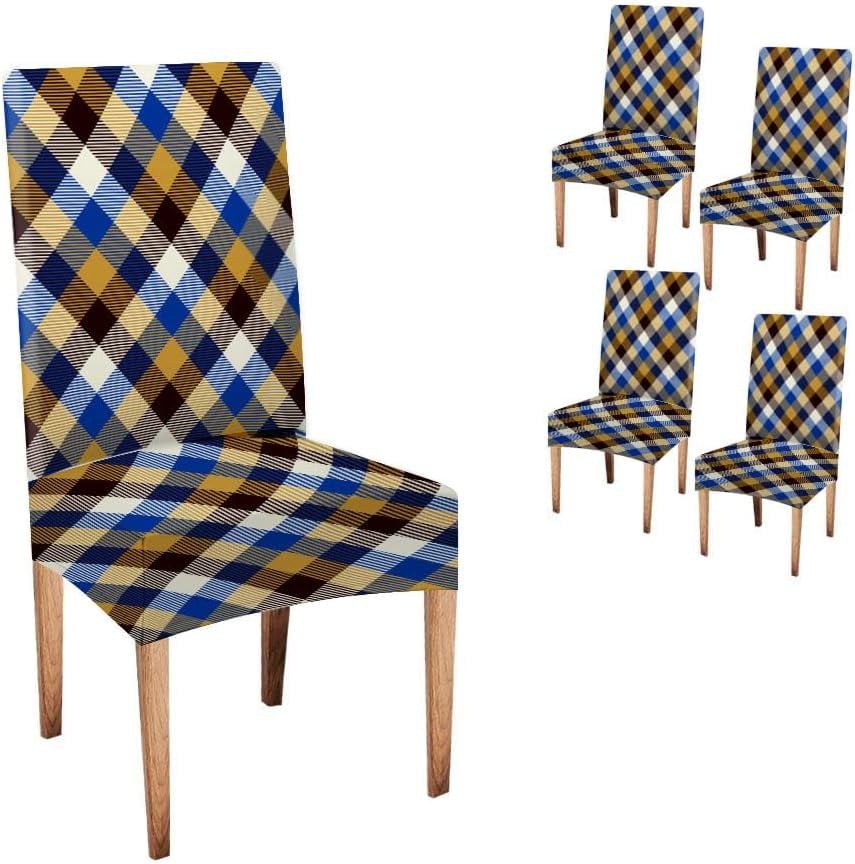 Kitchen Chair Covers Set of 4 Black Blue Gold and White Plaid Removable ...