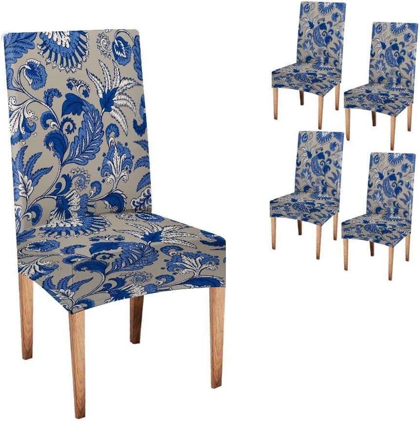 Kitchen Chair Covers Set of 4, Blue Boho Floral Intricate Patchwork ...