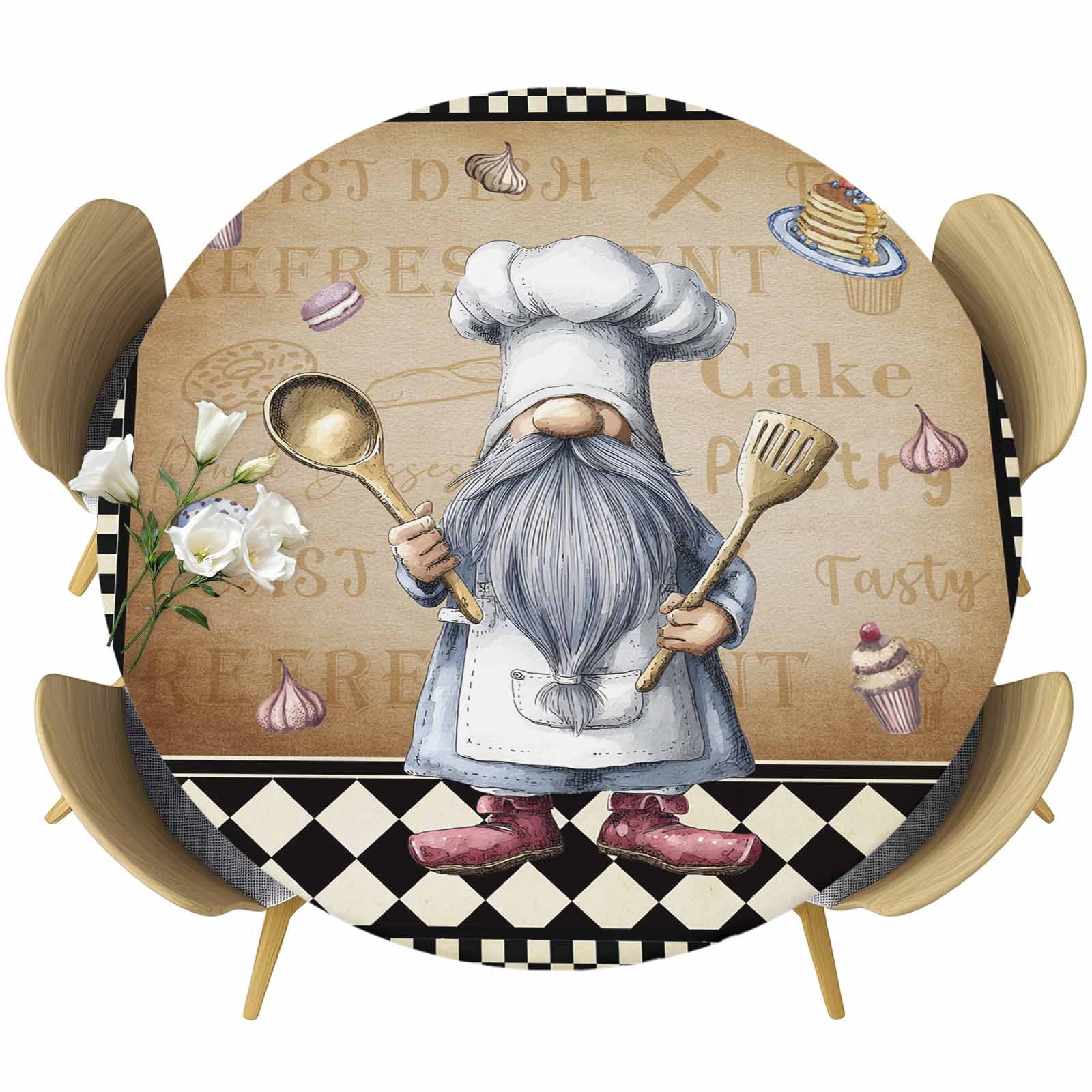 Kitchen Chef Dwarf Round Fitted Tablecloth with Elastic Edge, Desserts ...