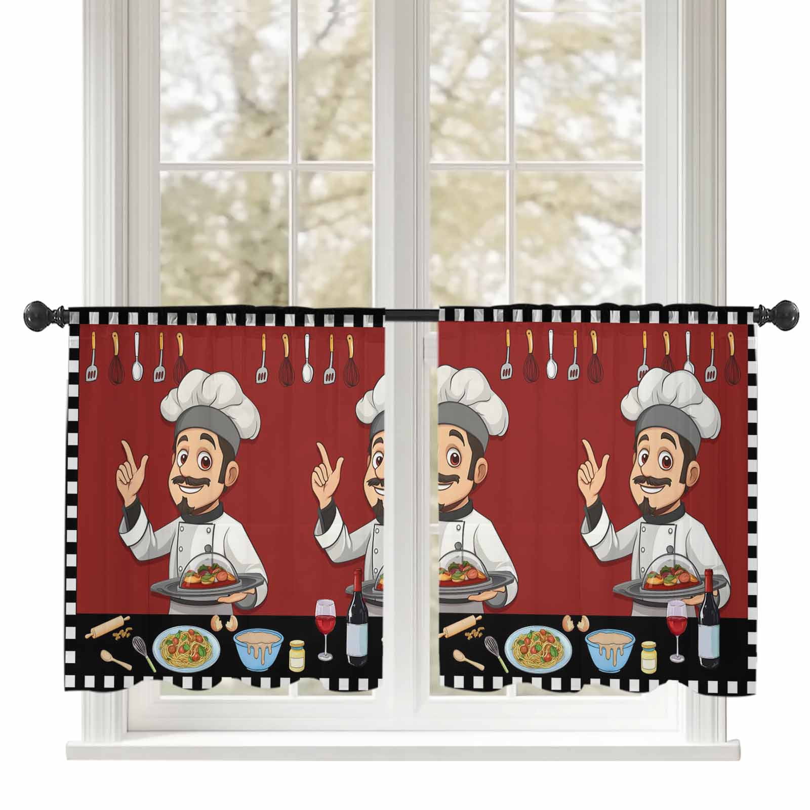 Kitchen Chef Sheer Curtains 54 inches Long, Knife And Fork Food Red ...