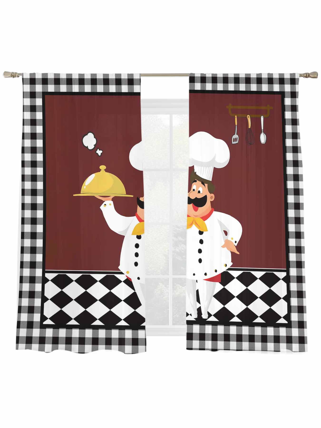 Kitchen Chef Sheer Curtains 63 Inch Long 2 Panels, Black And White P ...