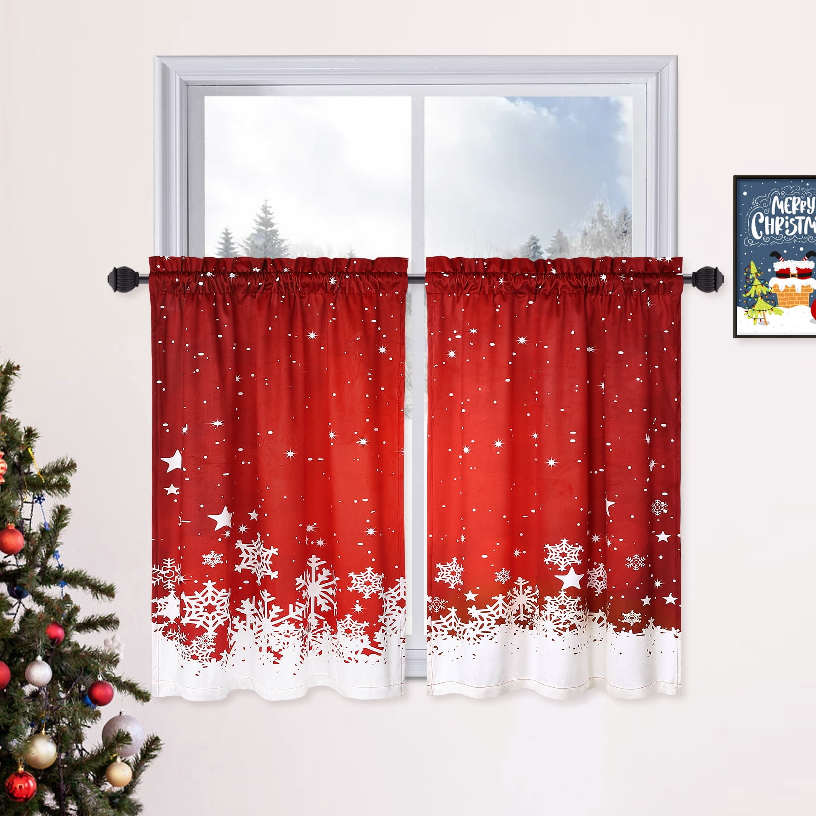 Kitchen Christmas Curtains, Velvet Curtain Set for Kitchen Windows, Flo ...