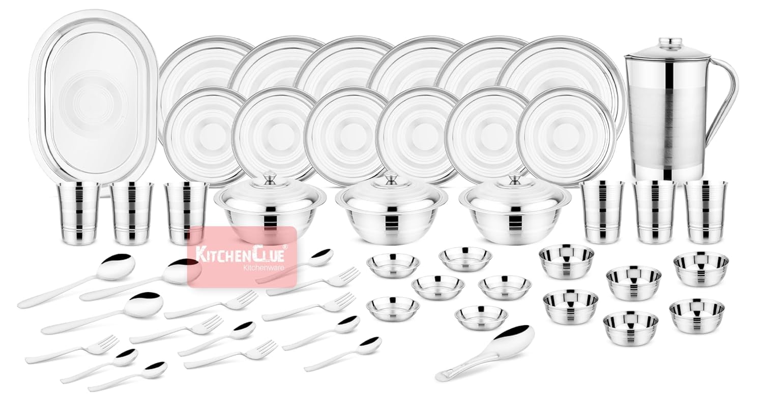 Kitchen Clue Stainless Steel Dinner Set for Kitchen 51 Pieces Silver Heavy Gauge Attractive ...