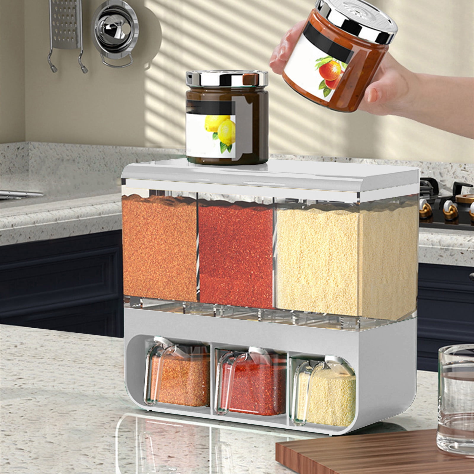 Kitchen Condiment Container 3-Compartment Seasoning Jar Storage ...