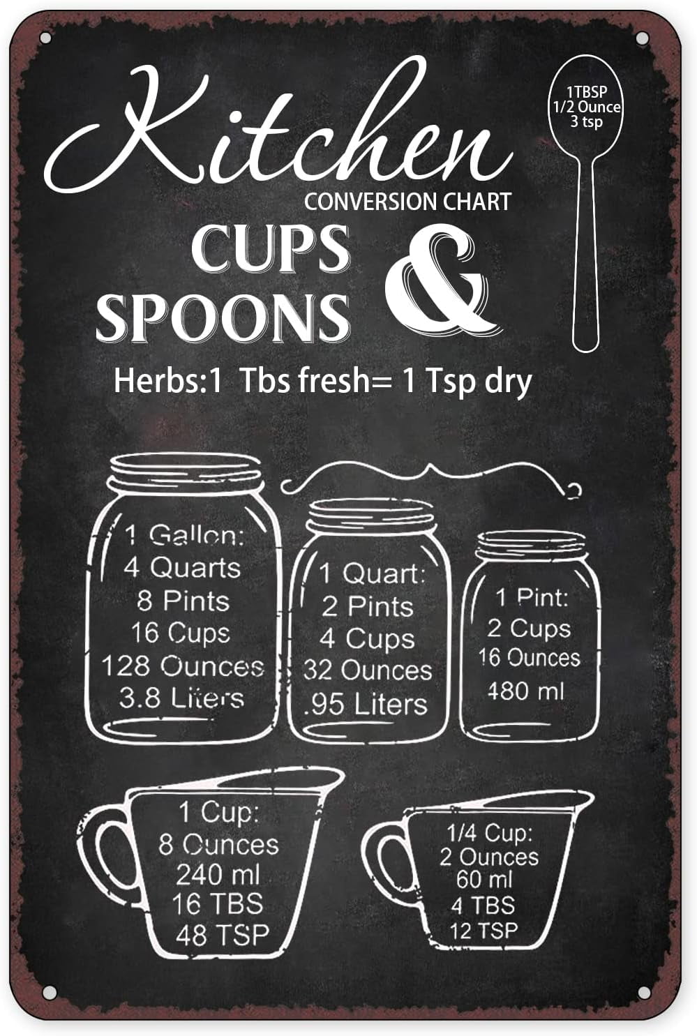 Kitchen Conversions Chart Vintage Rustic Metal Sign Restaurant Wall Art ...