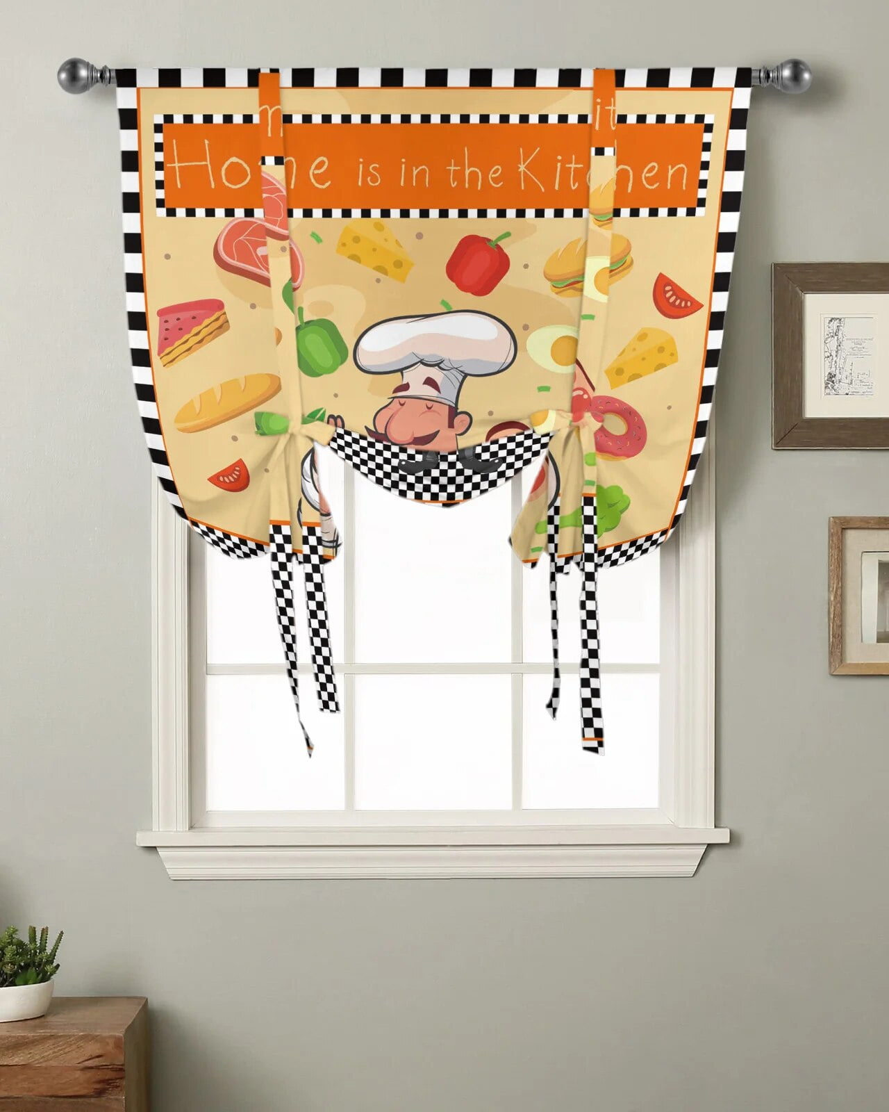 Kitchen Cook Vegetables Meat Dessert Plaid Kitchen Short Window Curtain ...