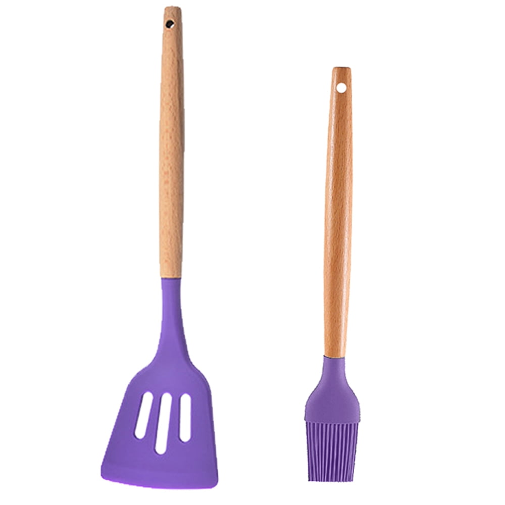 Kitchen Cooking Utensils Set 2 Pieces Silicone Wooden Handle High Heat ...