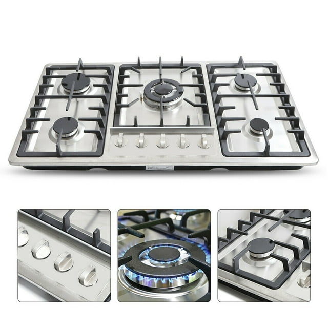 "34"" Kitchen Cooktop, Stainless Steel Built-In Stove, 5 Burner NG/LPG ...