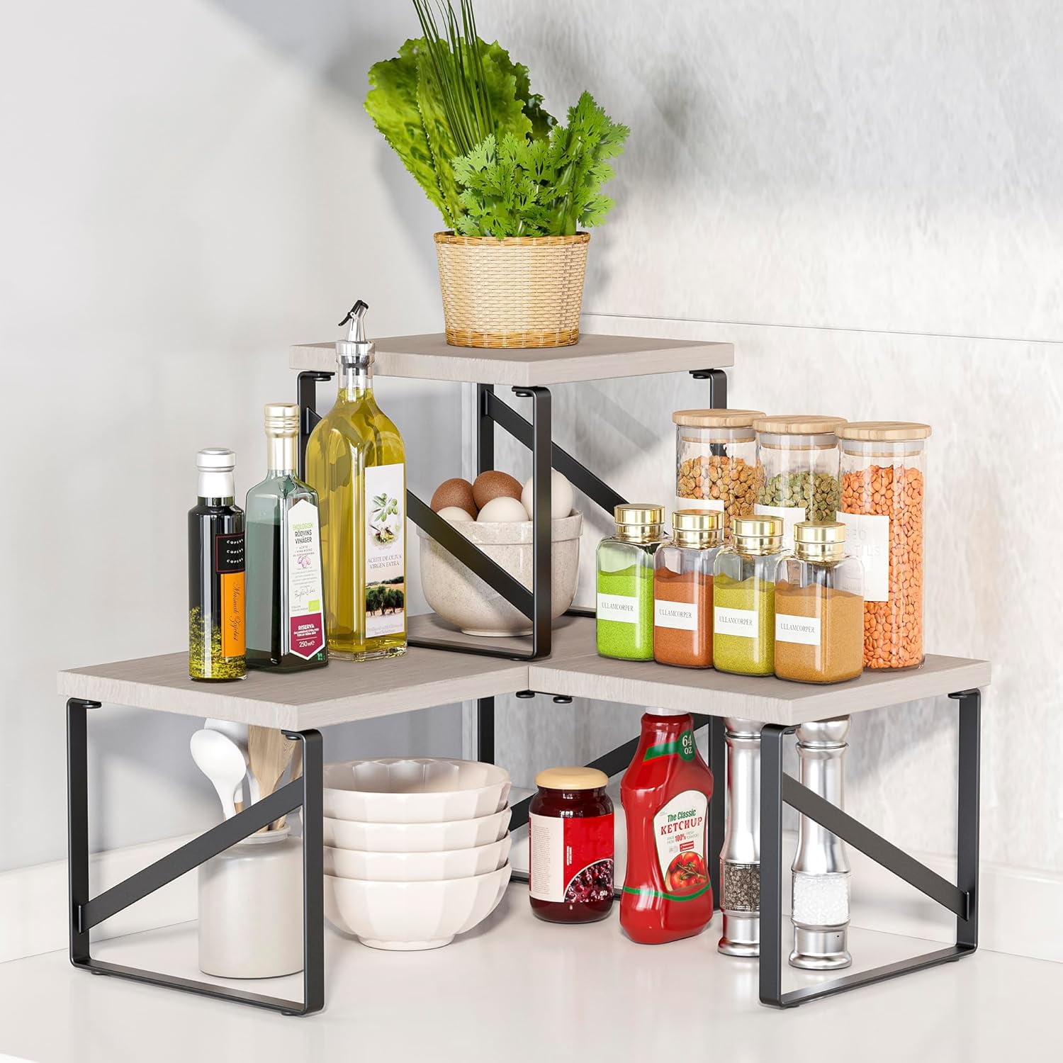 Kitchen Corner Shelf Countertop Organizer, 2 Tier Adjustable Spice Rack ...