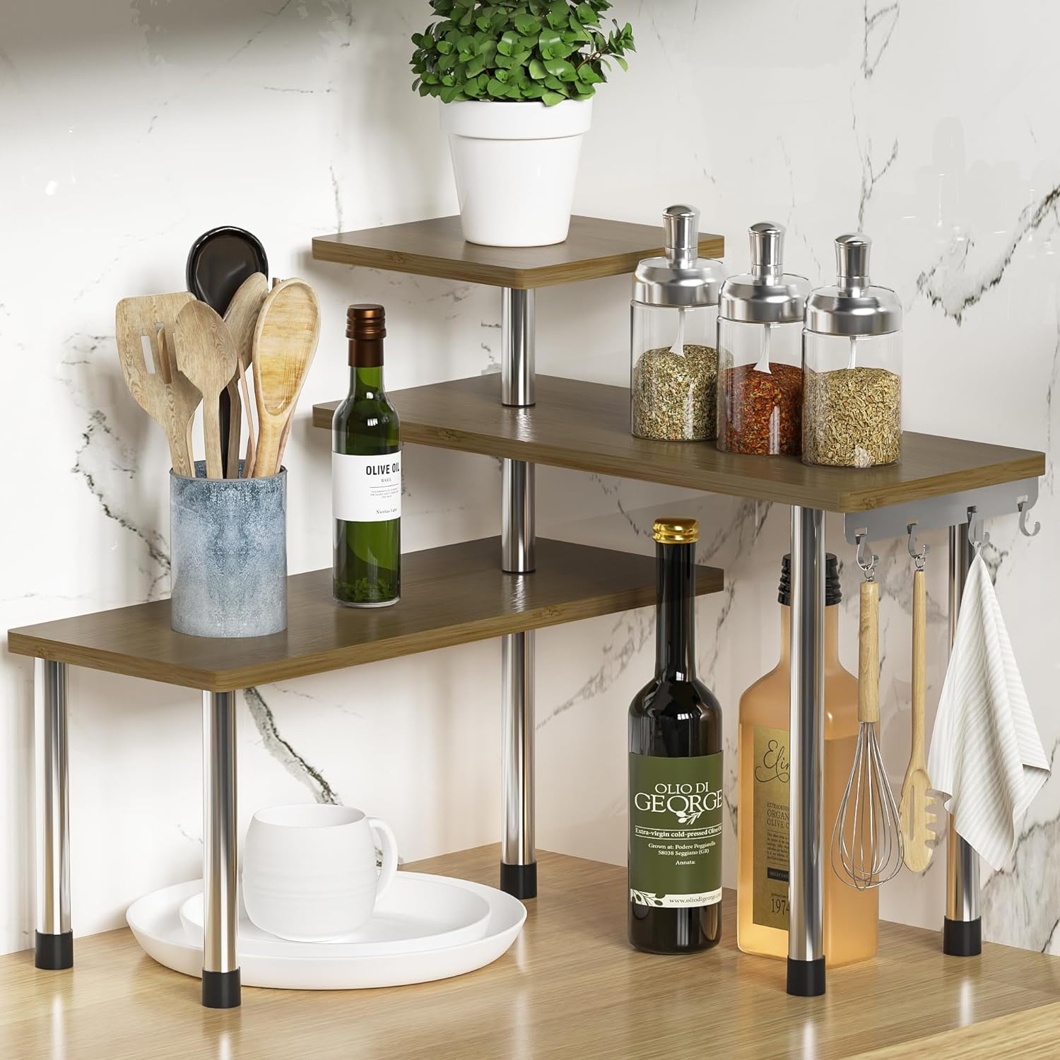 Kitchen Corner Shelf Countertop Organizer - 3 Tier Bamboo & Metal ...