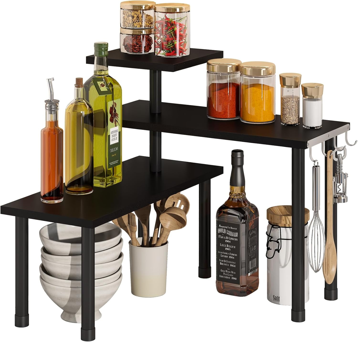 Kitchen Corner Shelf Countertop Organizer with Hooks Adjustable Spice ...