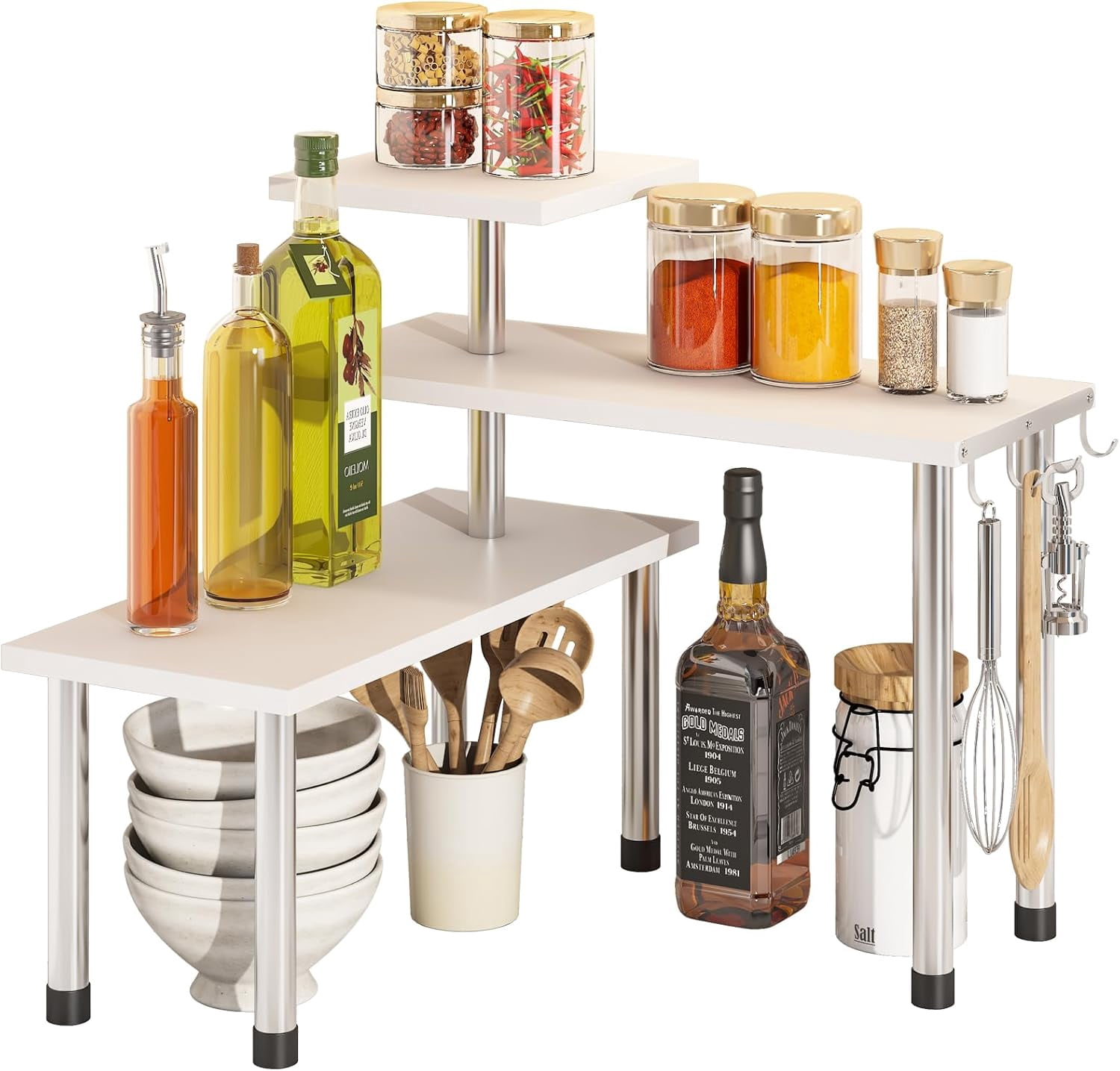 Kitchen Corner Shelf Countertop Organizer with Hooks Adjustable Spice ...