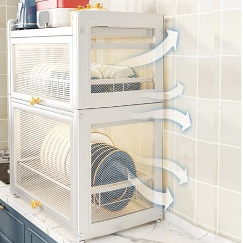 Kitchen Countertop Dish Cabinet with Flip Door and Hook,2 Tier Drainer ...