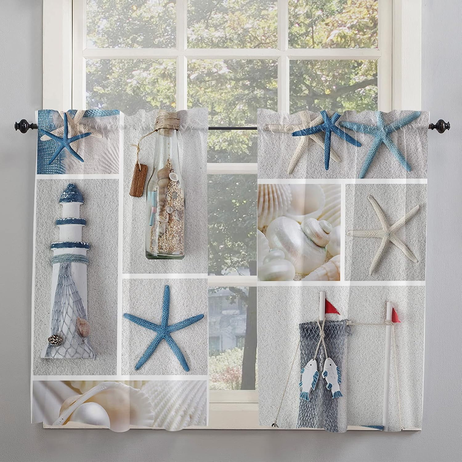 Kitchen Curtain 2 Panels Curtains 63 Inch Length, Beach Seashell ...
