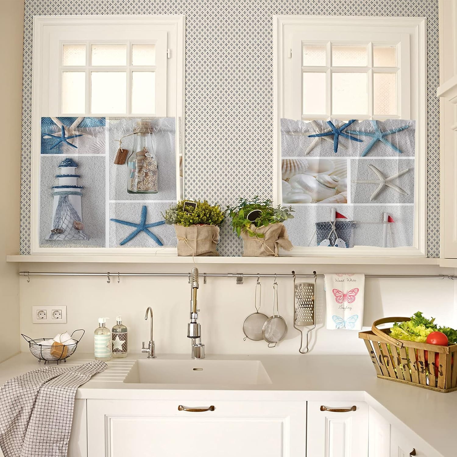 Kitchen Curtain 2 Panels Tiers Curtains 36 Inch Length, Beach Seashell ...