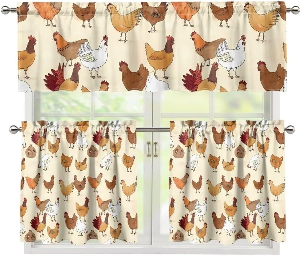 Kitchen Curtain Valance and Tiers Set of 3 Farm Rooster Chicken ...