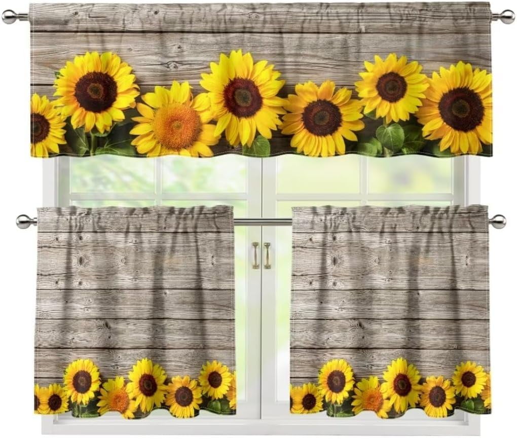 Kitchen Curtain Valance and Tiers Set of 3 Yellow Sunflower Wooden ...