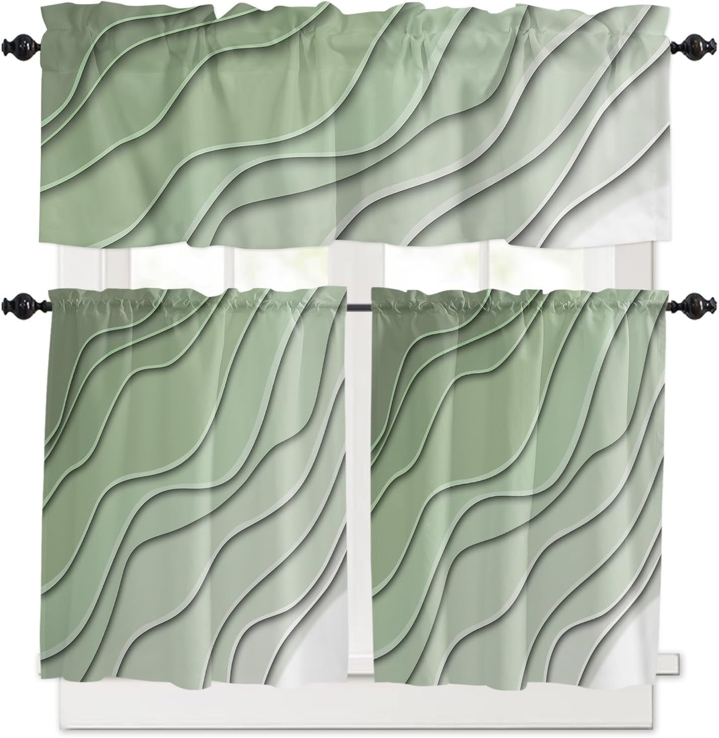 Kitchen Curtain Valance and Tiers Set Geometric Gradient 3 Pc Window ...