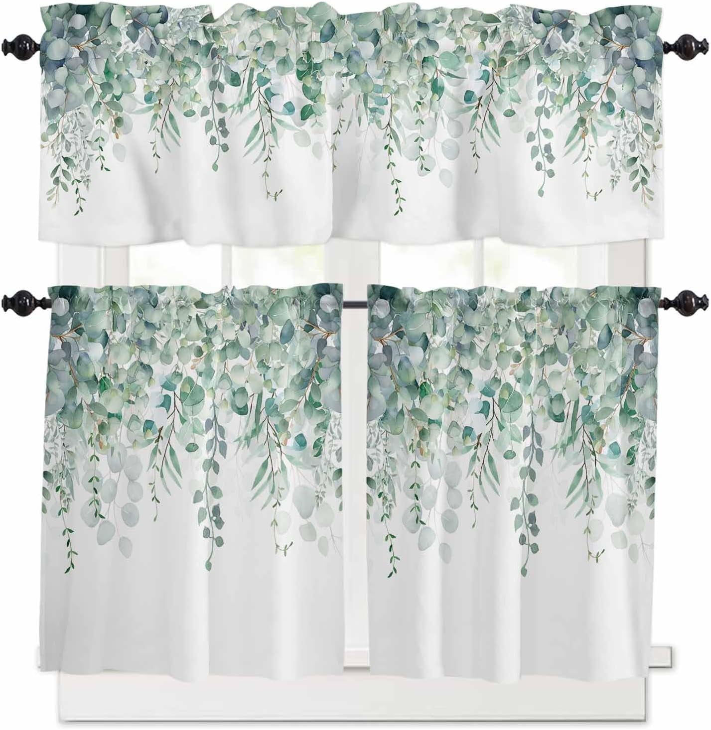 Kitchen Curtain Valance and Tiers Set Green Eucalyptus 3 Pc Window ...