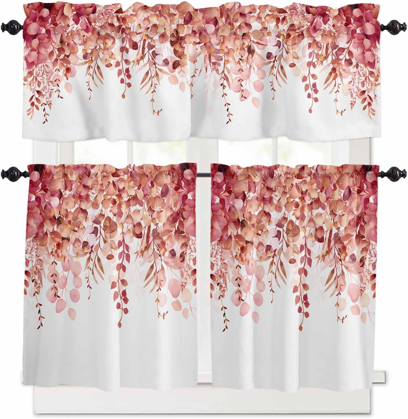 Kitchen Curtain Valance and Tiers Set Red Eucalyptus 3 Pc Window ...