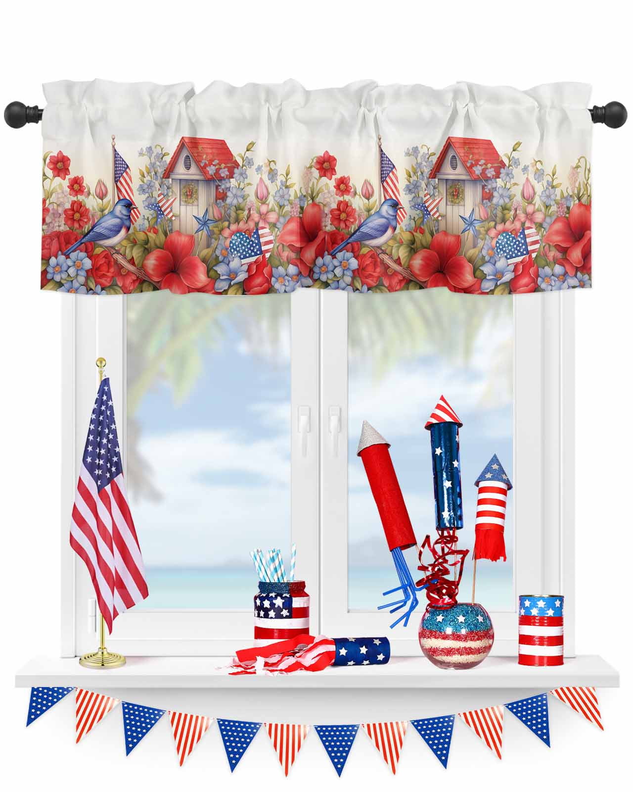 Kitchen Curtain Valances for Windows,4th of July Blossom Flower Bird ...