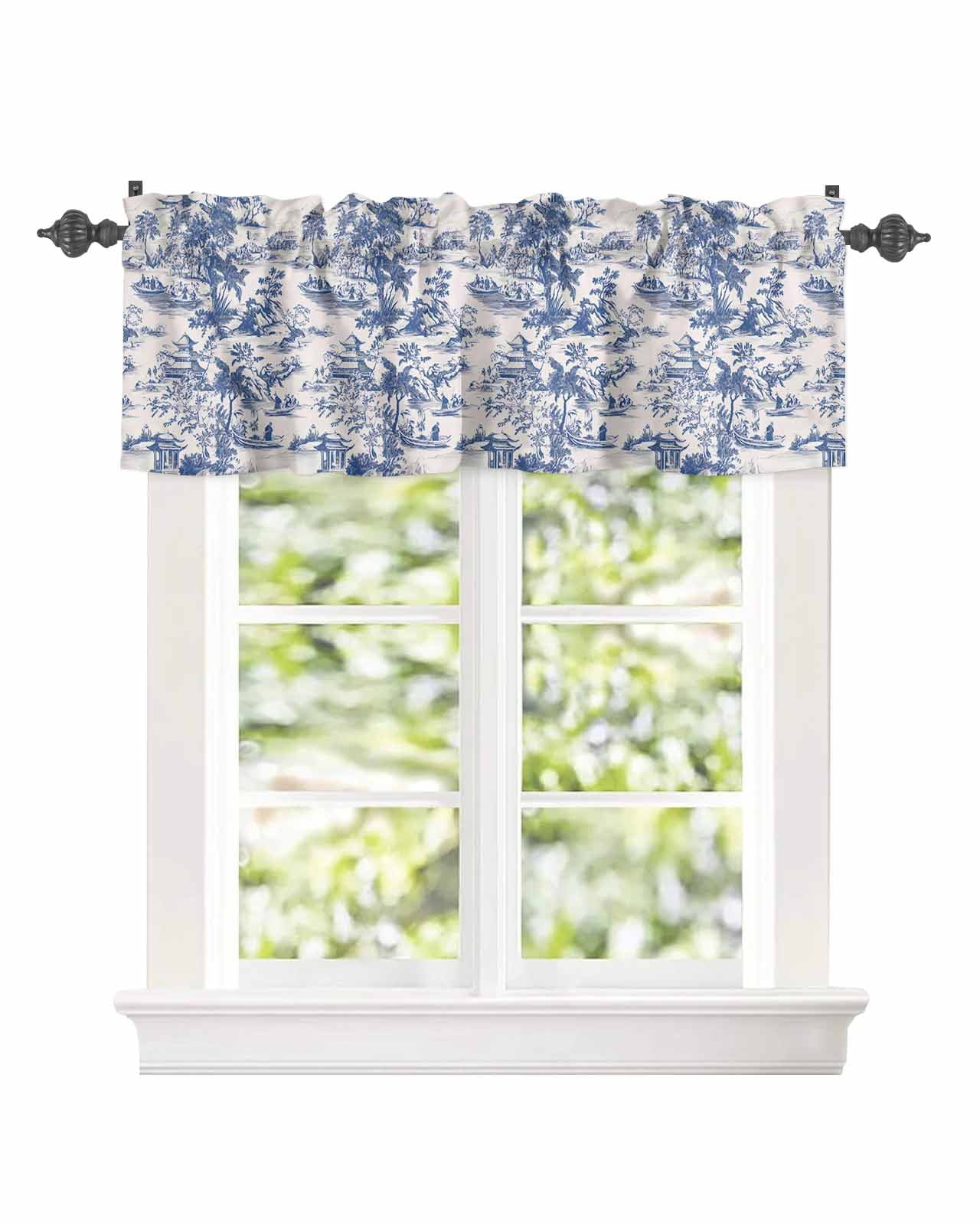 Kitchen Curtain Valances for Windows,Blue Chinoiserie Garden Pavilion ...