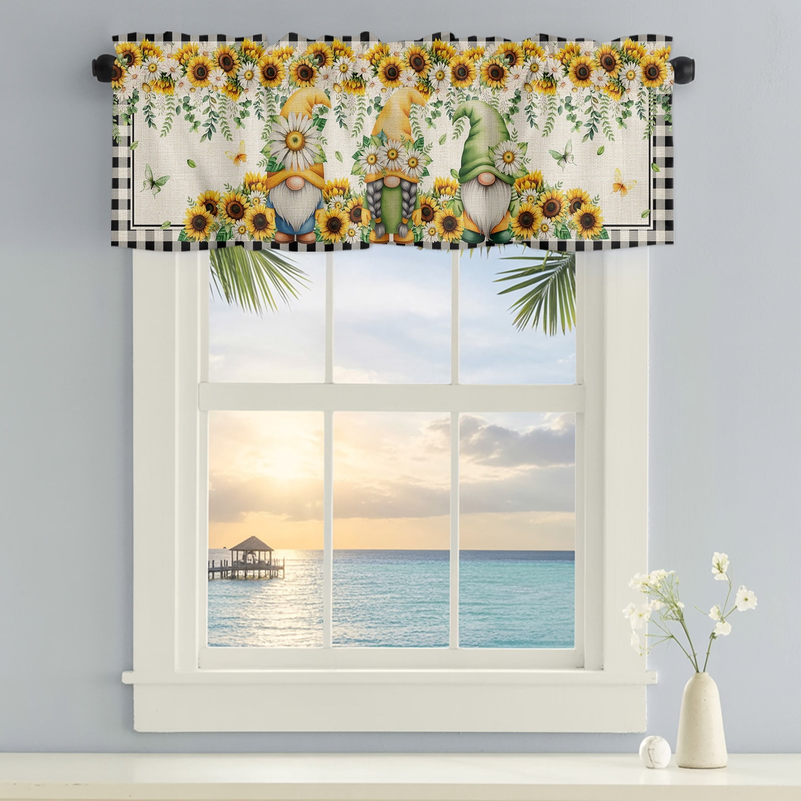 Kitchen Curtain Valances for Windows,Farm Flower Gnome on Linen Rod ...