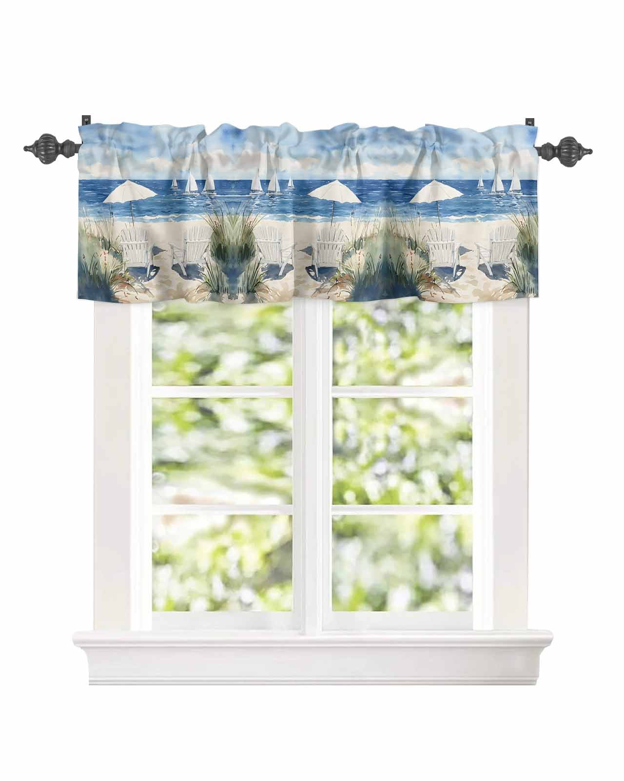 Kitchen Curtain Valances for Windows,Ocean Beach Chair Sun Umbrella Rod ...