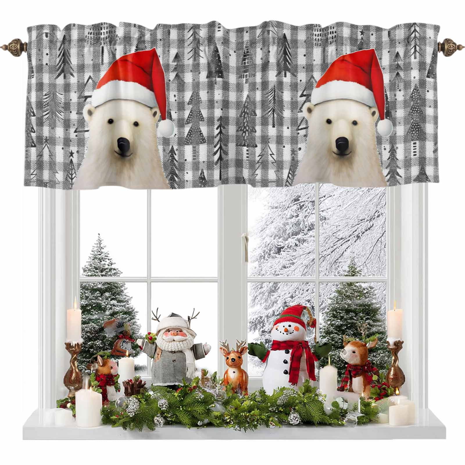 Kitchen Curtain Valances for Windows,Christmas Polar Bear Red Hat Rod ...