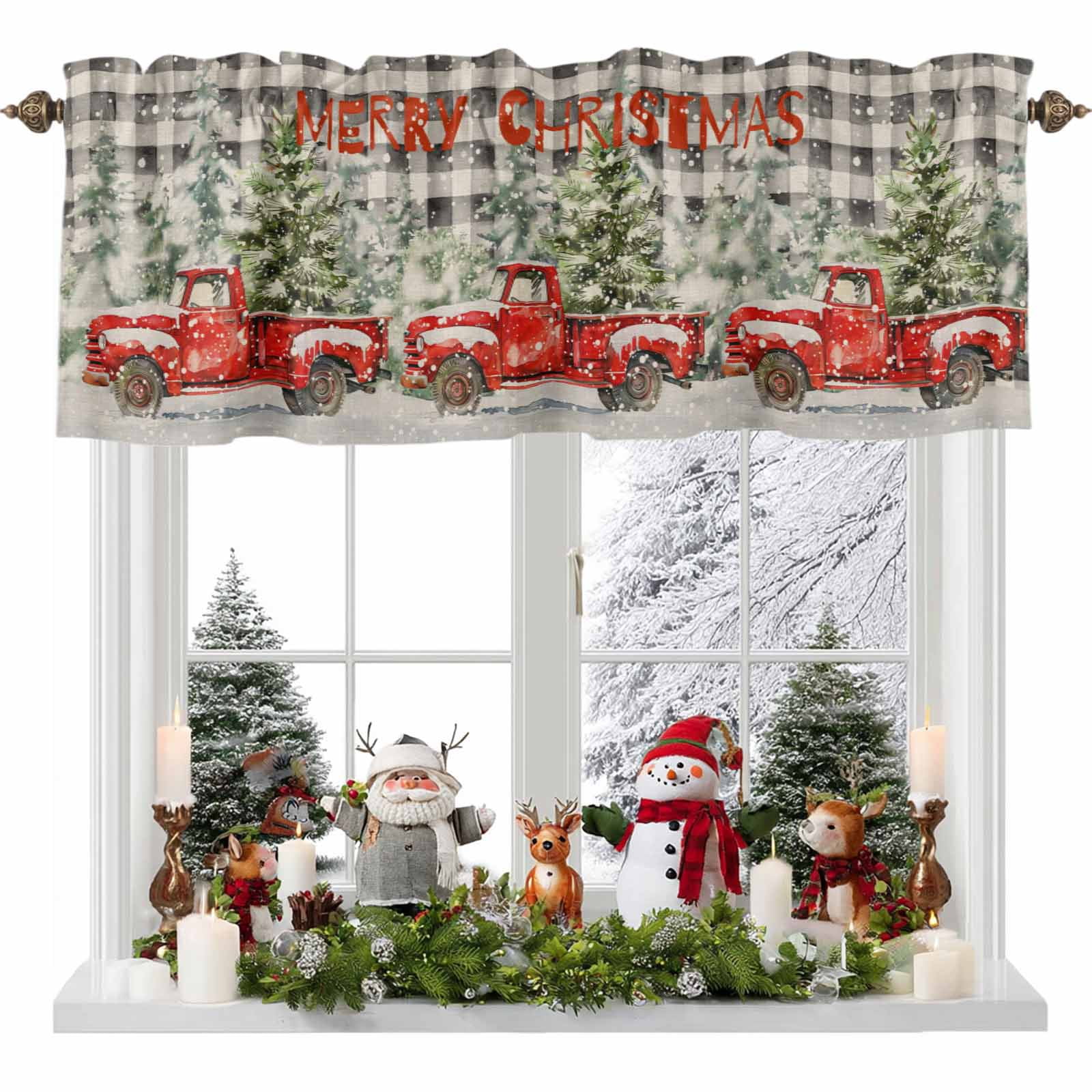 Kitchen Curtain Valances for Windows,Merry Christmas Red Farm Truck Rod ...