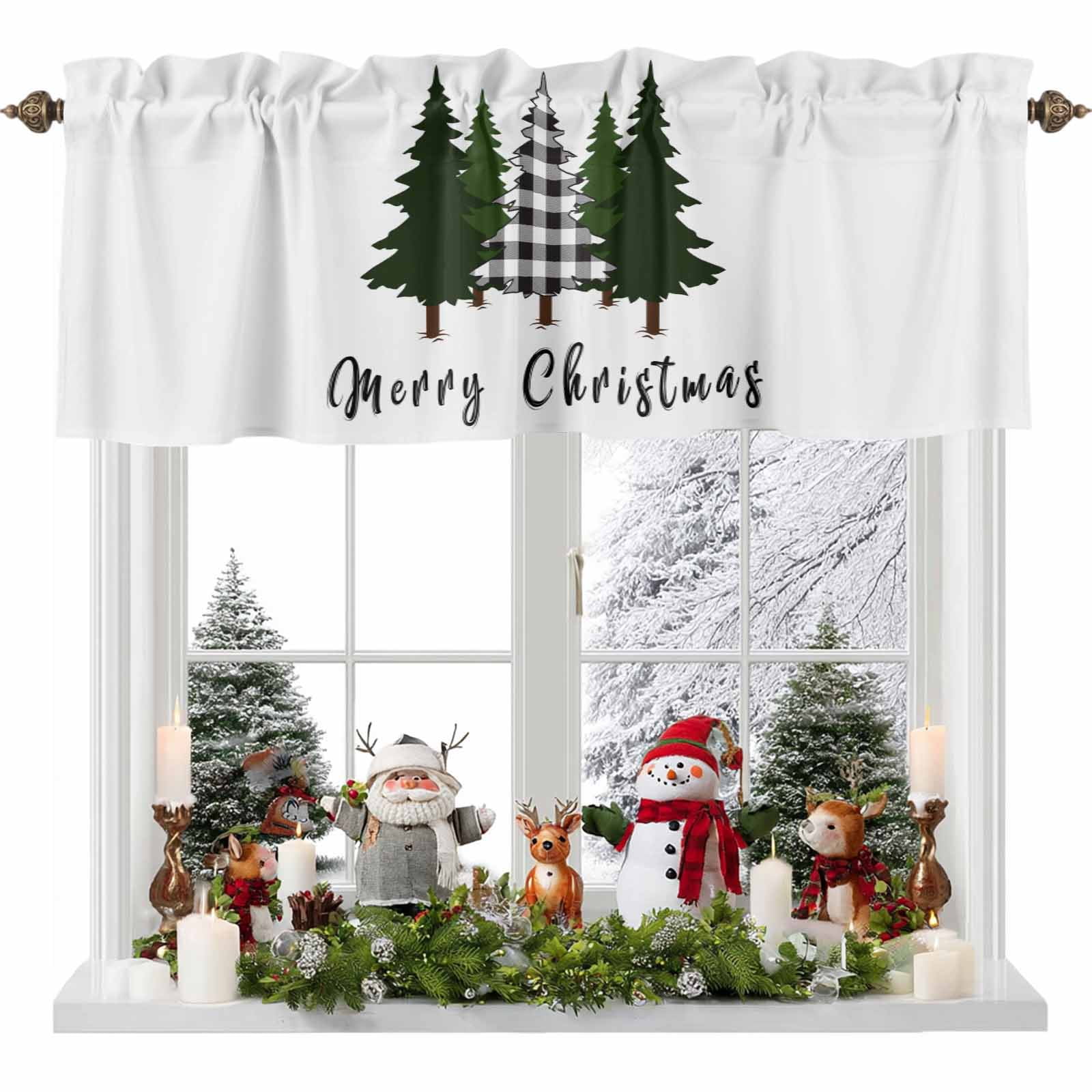 Kitchen Curtain Valances for Windows,Merry Christmas Trees Black ...