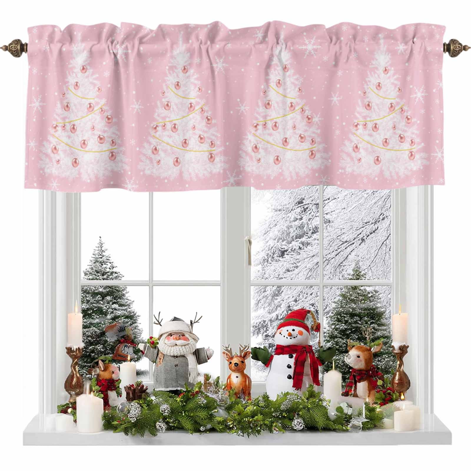 Kitchen Curtain Valances for Windows,Pink Christmas Tree Bell Snowflake ...