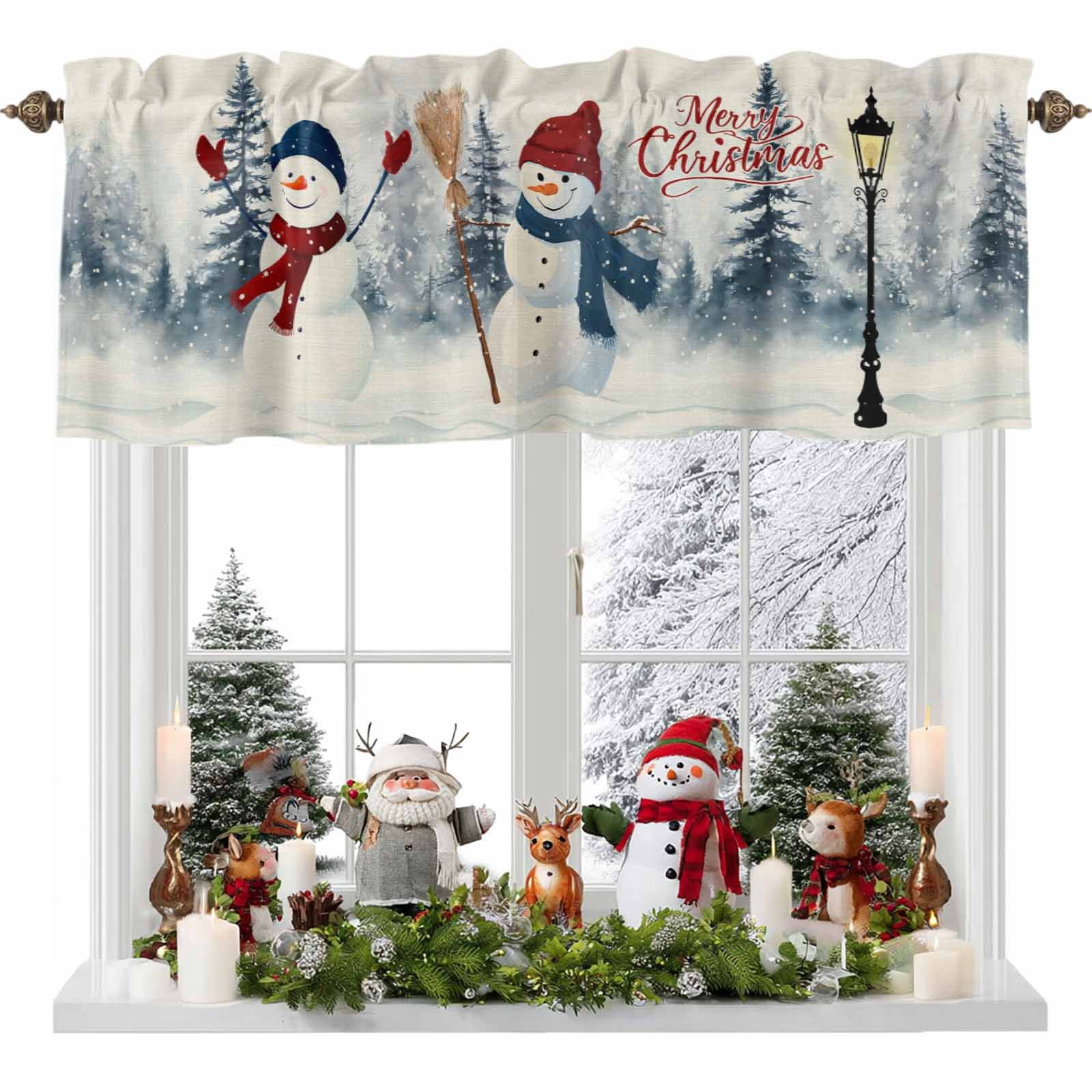 Kitchen Curtain Valances for Windows,Vintage Snowman Broom on Linen Rod ...