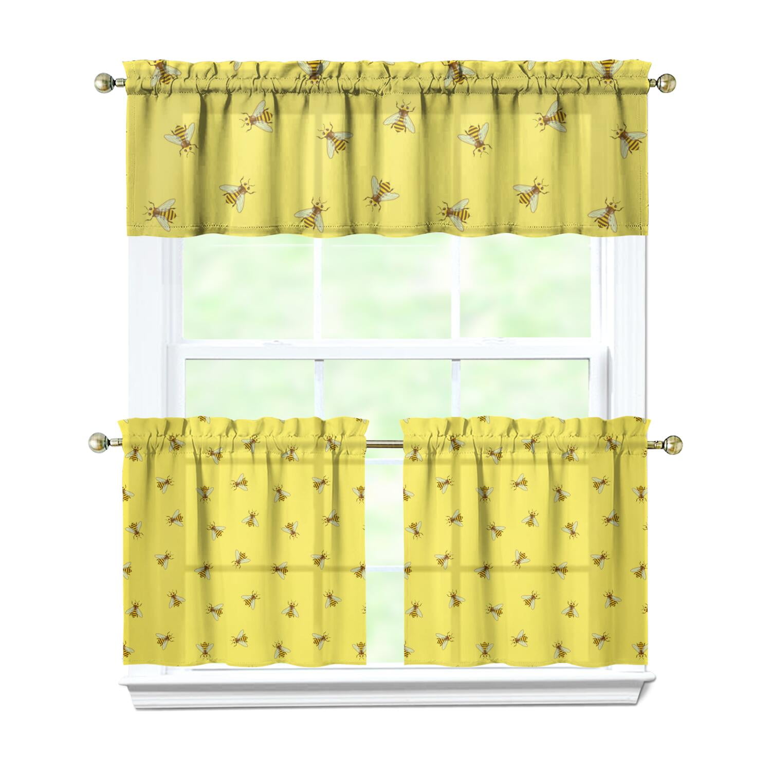 Kitchen Curtains 24 Inch Short - 3 Panel Set with Cute Bumble Bee and ...